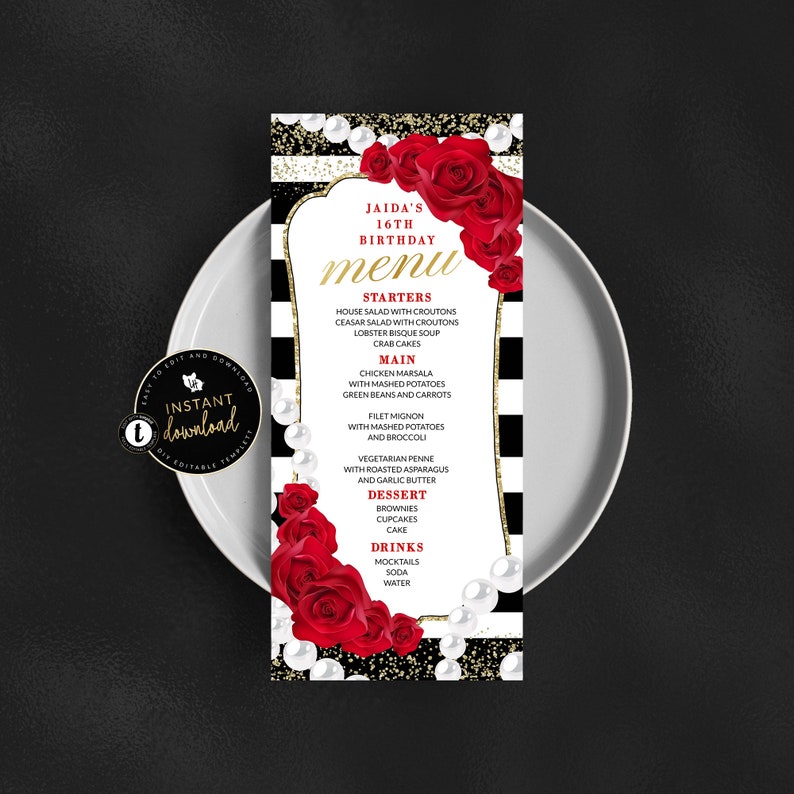 Red Roses Menu Roses and Pearls Menu Card. Roses Printable - Etsy