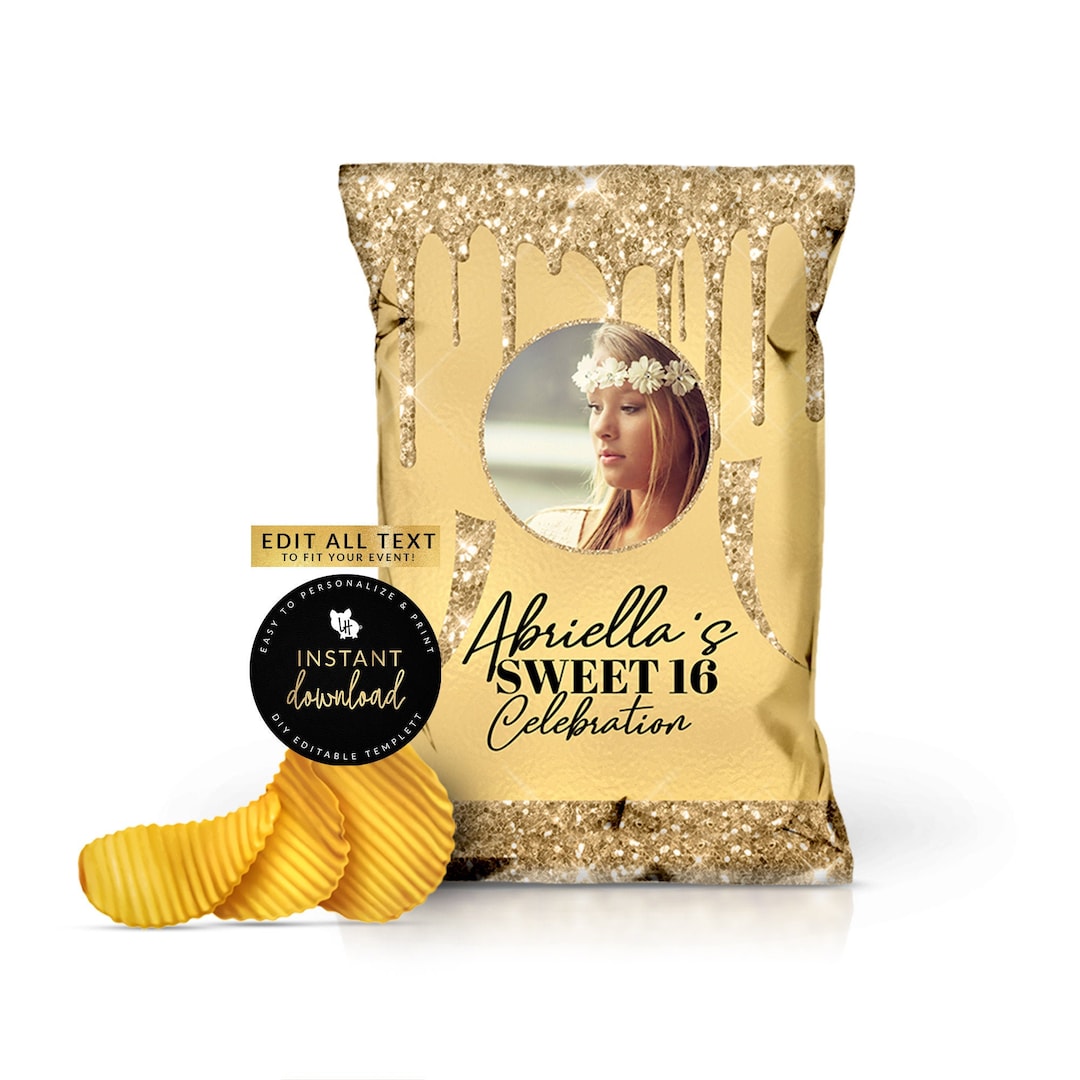 Dripping Gold Chip Bag, Gold Snack Bag, Elegant Printable Chip Bag ...