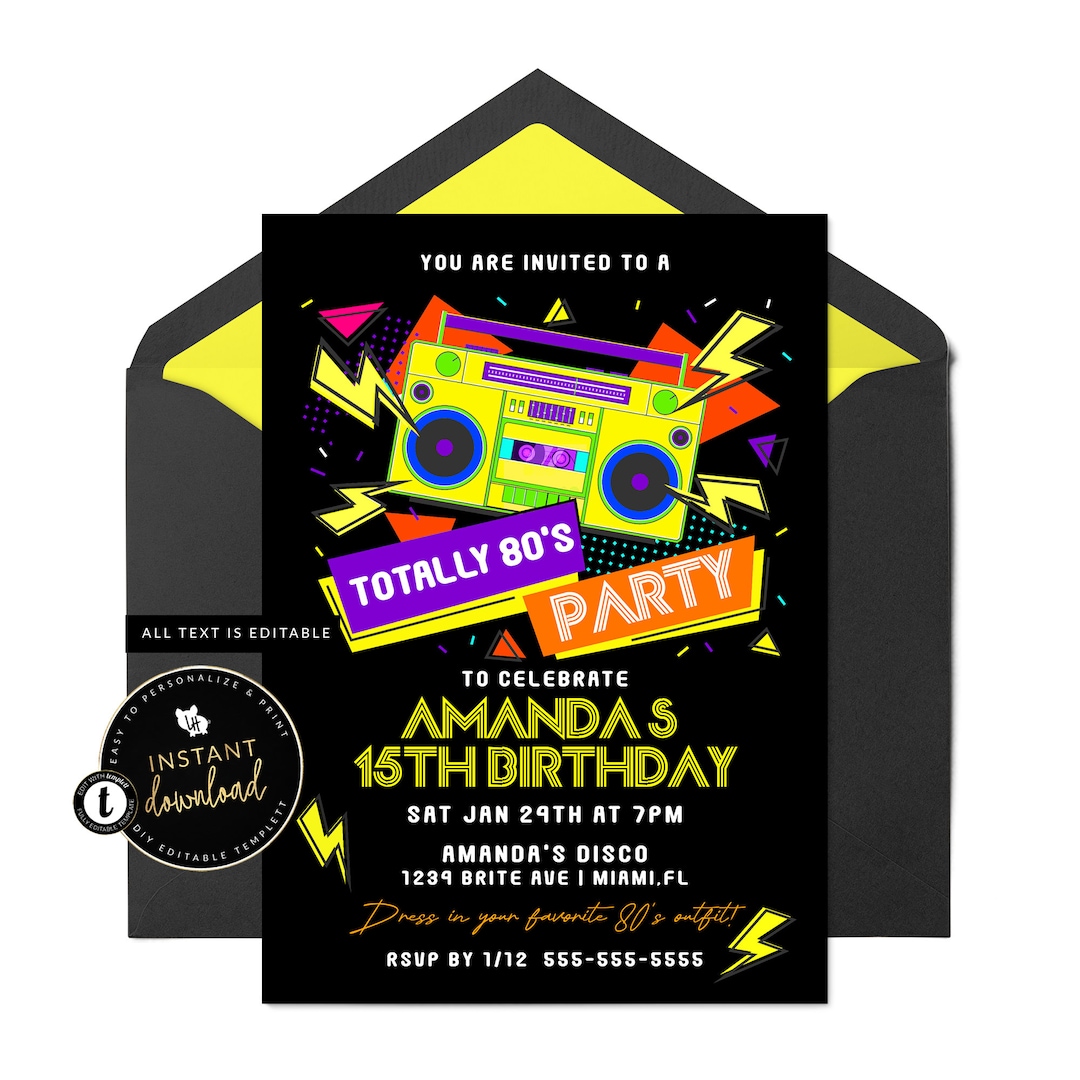 Neon 80's Invitation, 80's Boombox Invite, 80's Birthday Invitation, 80 ...