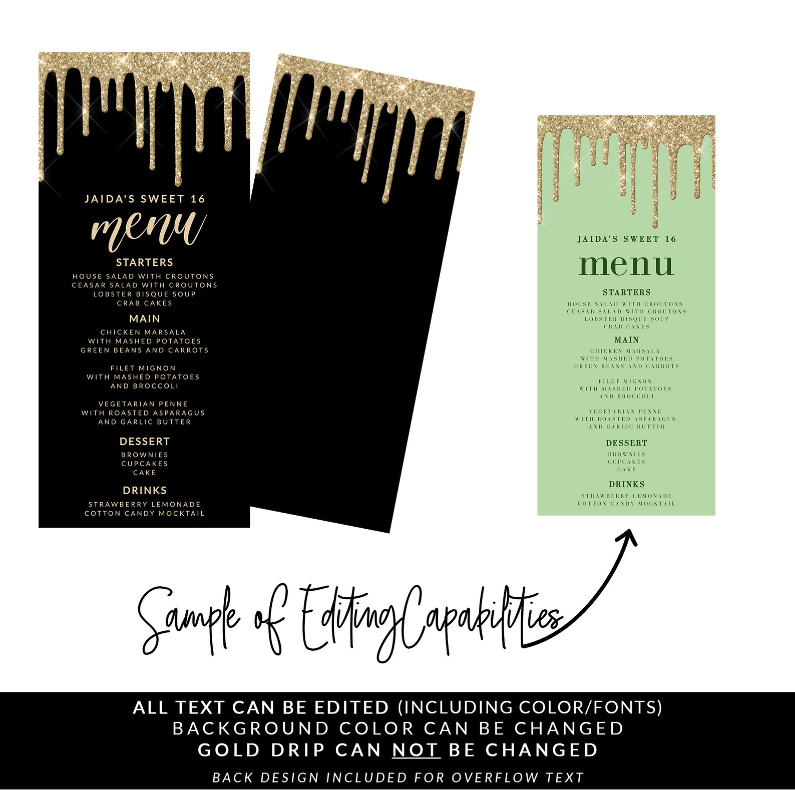 Gold Glitter Drip Menu Card, Dripping Menu, Gold Birthday Menu, Gold ...
