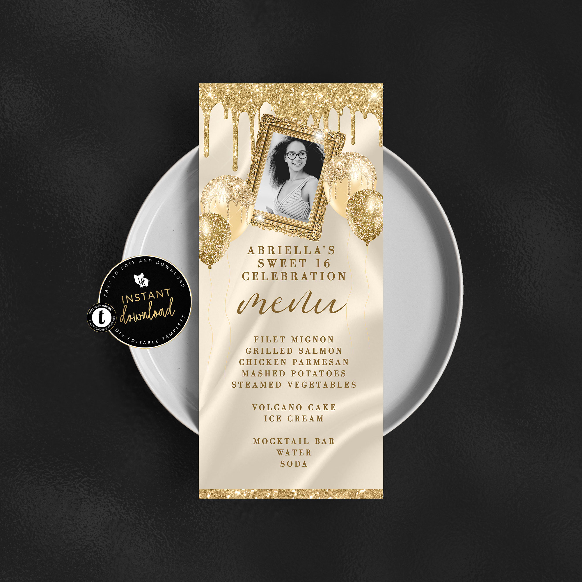 Gold and Cream Menu Card With Photo, Glitter Drip Menu, Gold Birthday ...