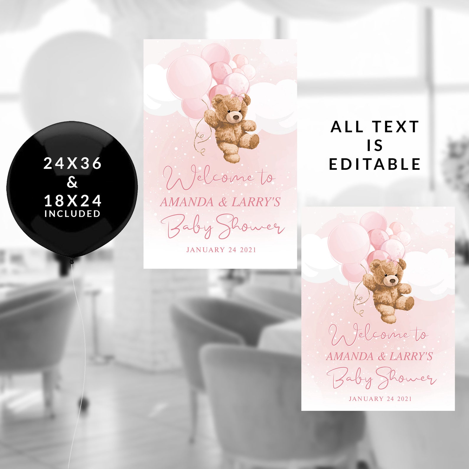 Pink Teddy Bear Welcome Sign, Pink Teddy Bear Baby Shower Poster, Pink ...