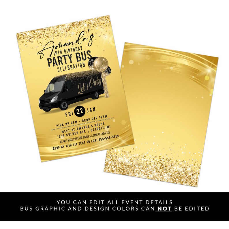 Party Bus Invitation, Party Bus Birthday Invitation, Black and Gold ...
