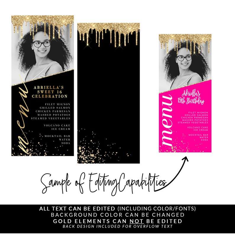 Dripping Gold Photo Menu Card, Glitter Drip Menu, Gold Birthday, Gold ...