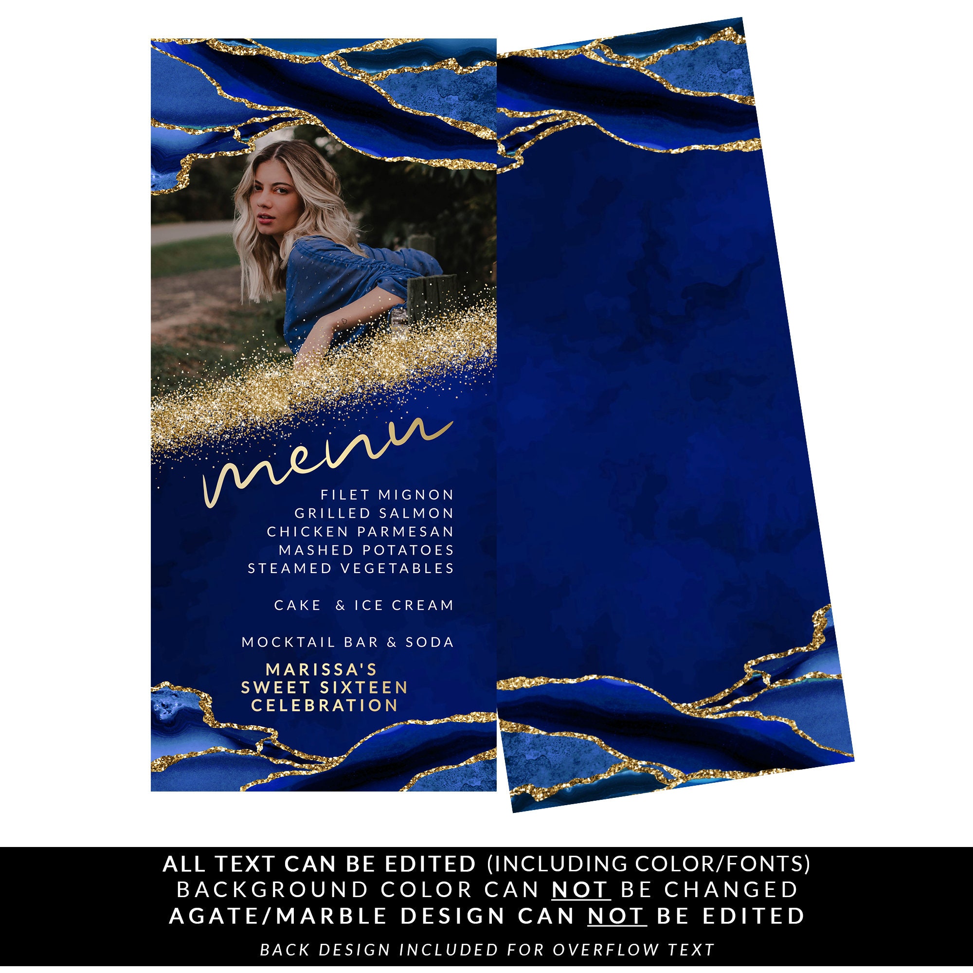 Blue and Gold Photo Menu Card, Blue and Gold Agate Menu, Blue and Gold ...