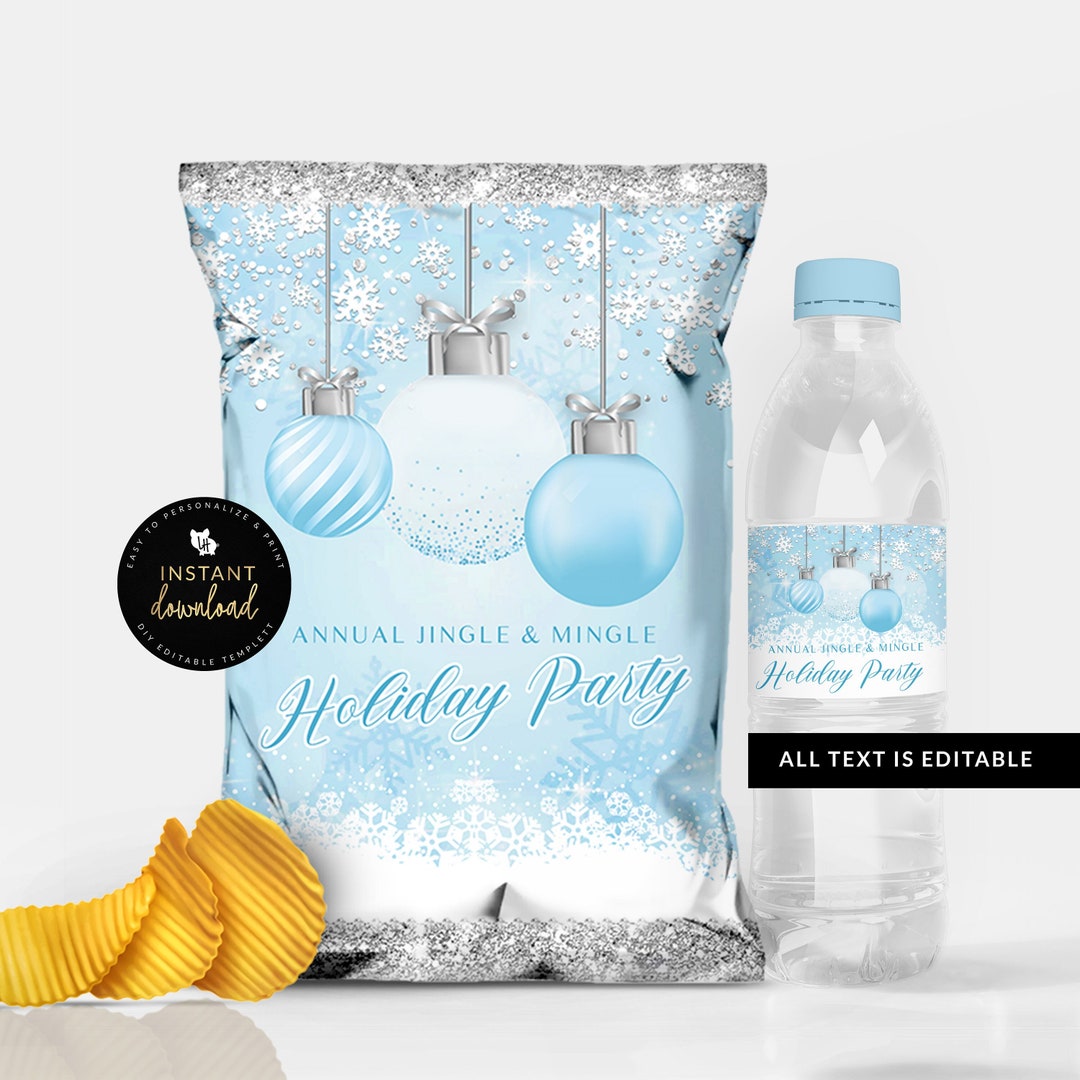 Blue Christmas Chip Bag and Water Label, Blue Holiday Printable ...