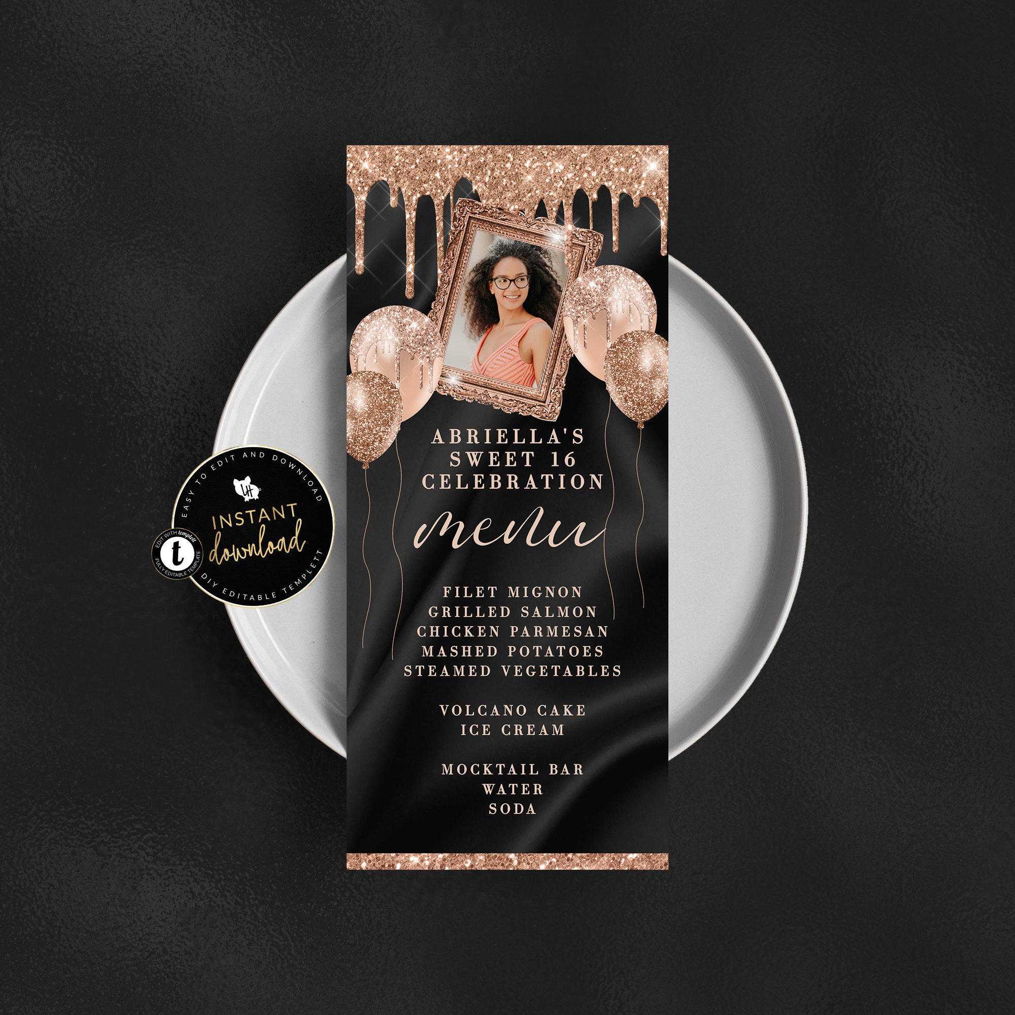Black and Rose Gold Menu With Photo, Glitter Drip Menu, Rose Gold ...