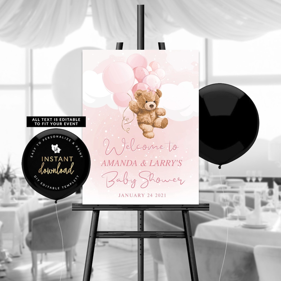 Pink Teddy Bear Welcome Sign, Pink Teddy Bear Baby Shower Poster, Pink ...