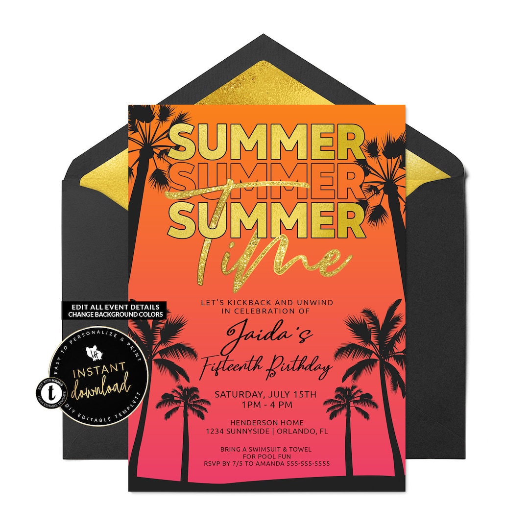 Summer Time Invitation, Tropical Invite, Palm Tree Invitation, Summer ...