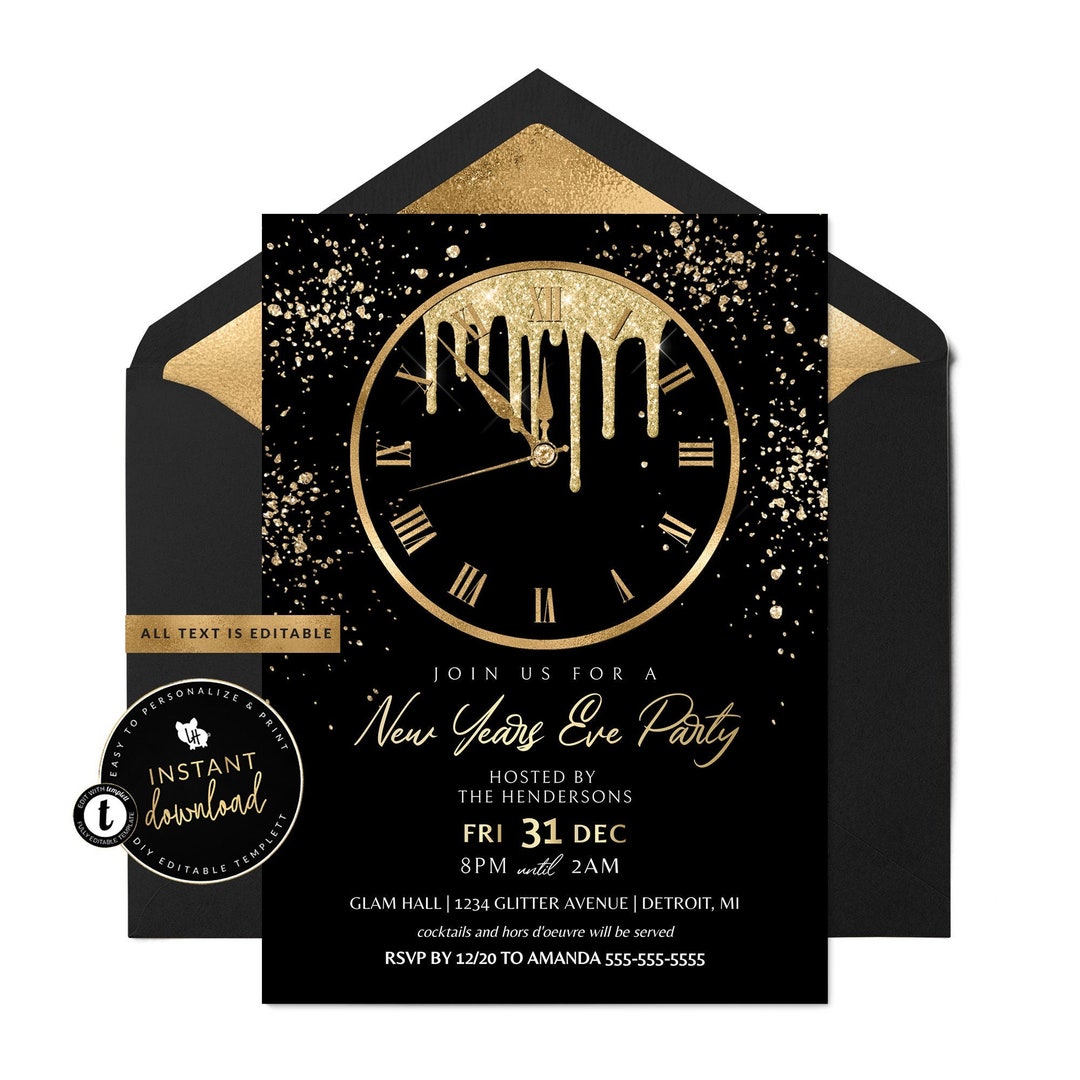 New Year's Eve Party Invitation, Gold NYE Clock Invitation, New Year's ...