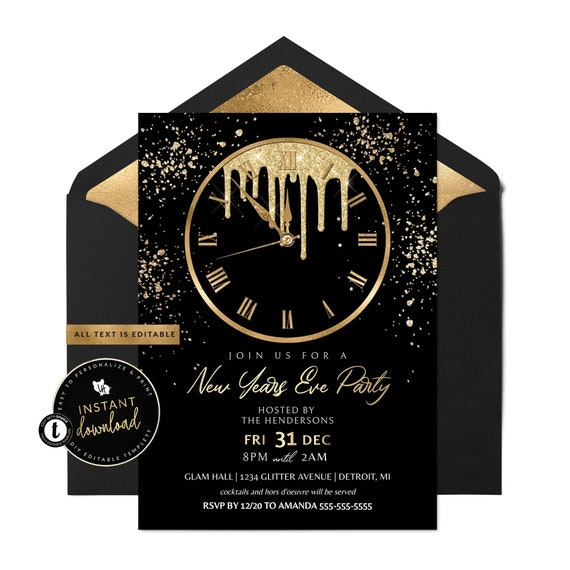 New Year's Eve Party Invitation Gold NYE Clock | Etsy