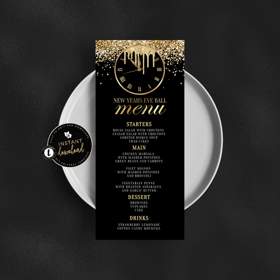 New Years Eve Menu, NYE Menu, New Years Eve Place Cards, New Years Eve ...