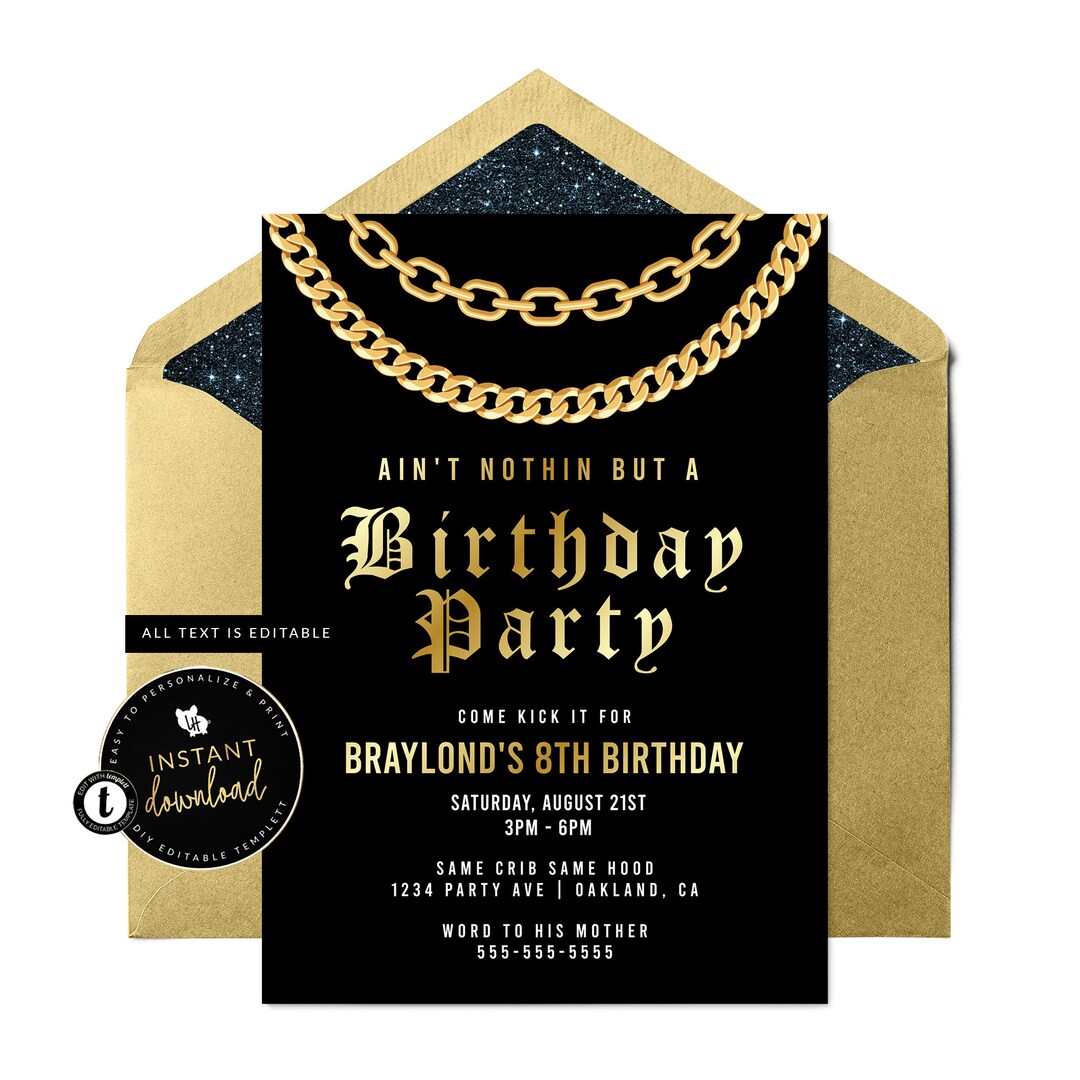 Hip Hop Party Invitation, 90's Birthday Invitation, Gold Chain ...