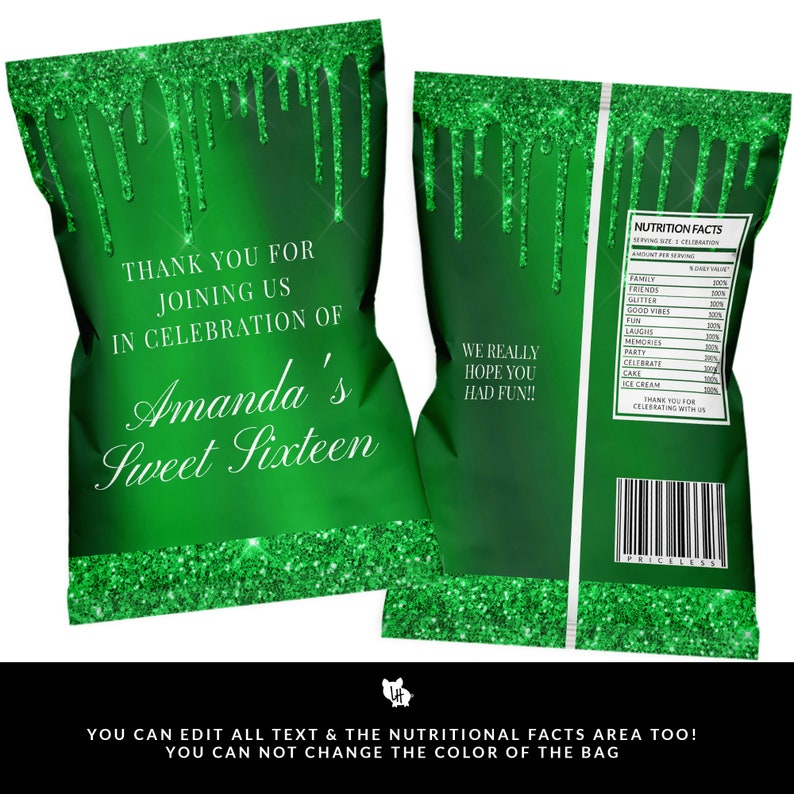 Dripping Green Chip Bag, Green Printable Chip Bag, Green Birthday ...
