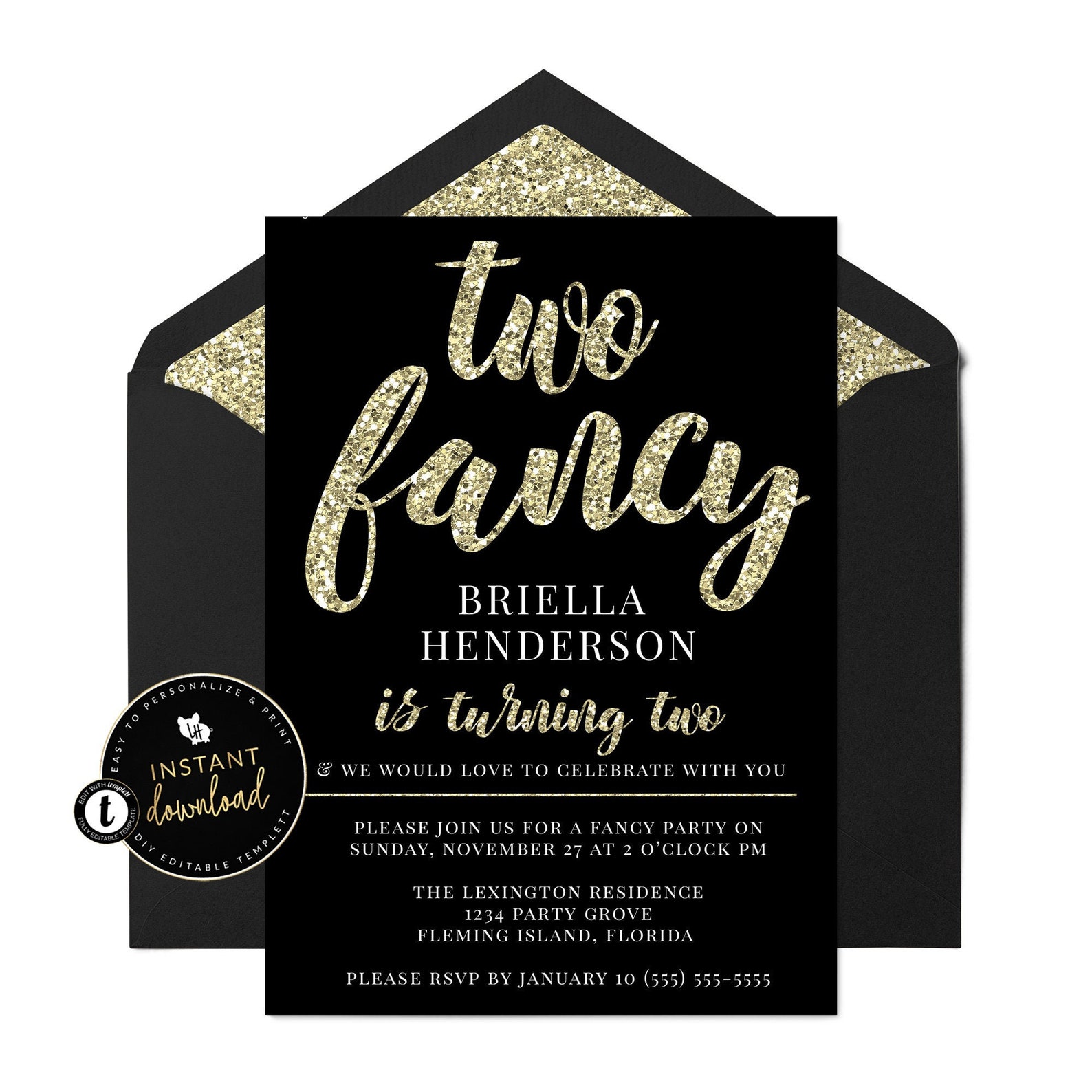 Two Fancy Birthday Invitation Glitter Birthday Invitation - Etsy