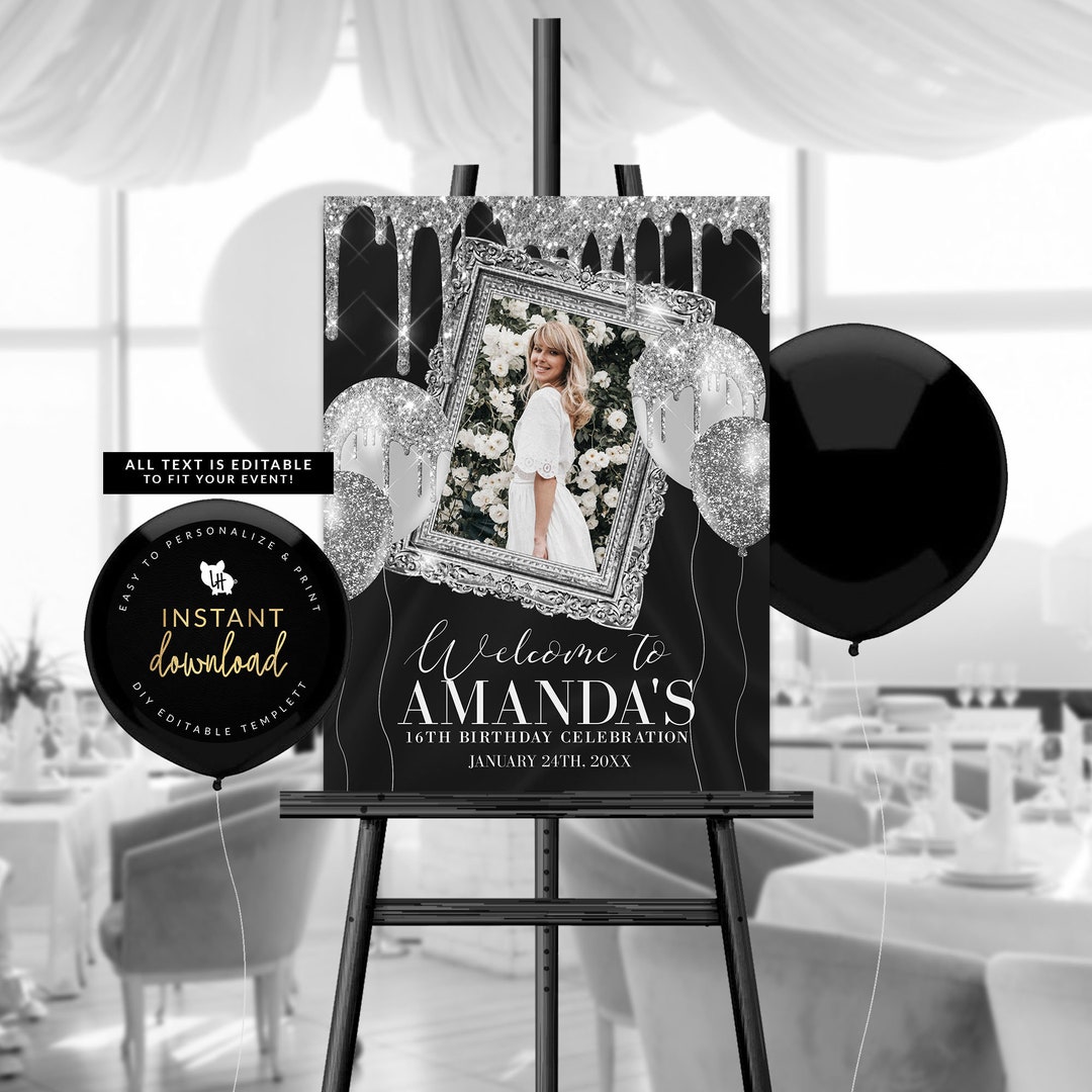 Black and Silver Photo Welcome Sign, Dripping Silver Poster, Black and ...