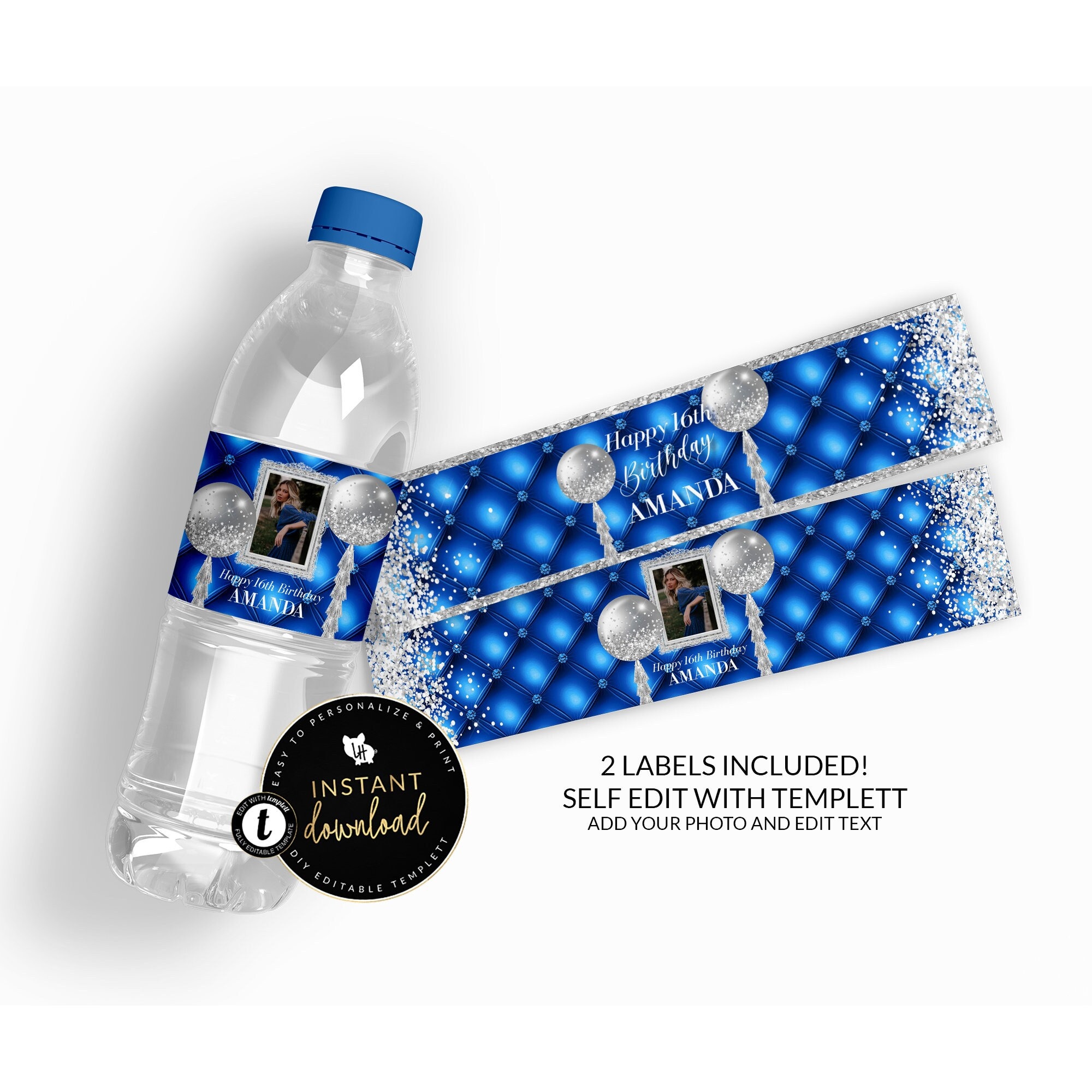 Blue and Silver Water Bottle Labels Photo Water Bottle Label - Etsy