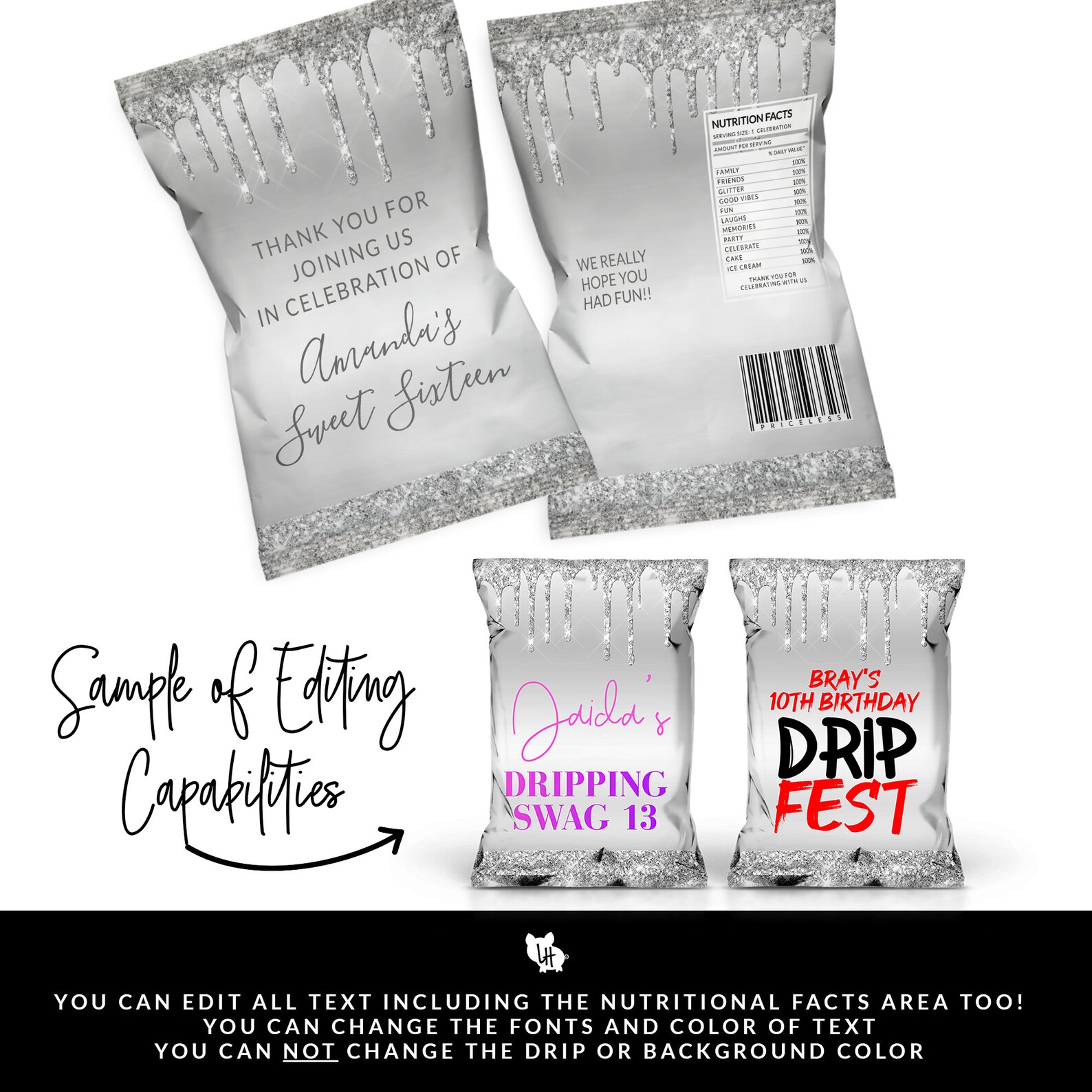 Dripping Silver Chip Bag Silver Drip Printable Chip Bag - Etsy