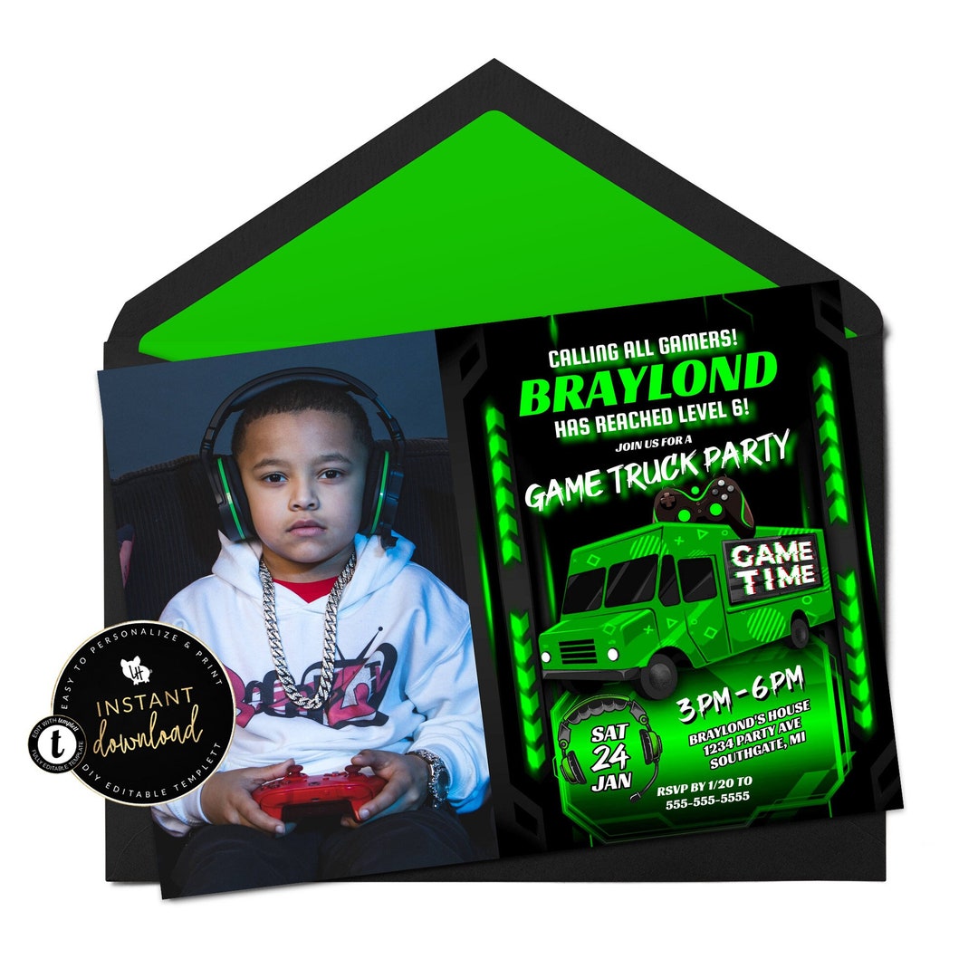 Green Game Truck Invitation, Photo Gaming Truck Invite, Video Game ...