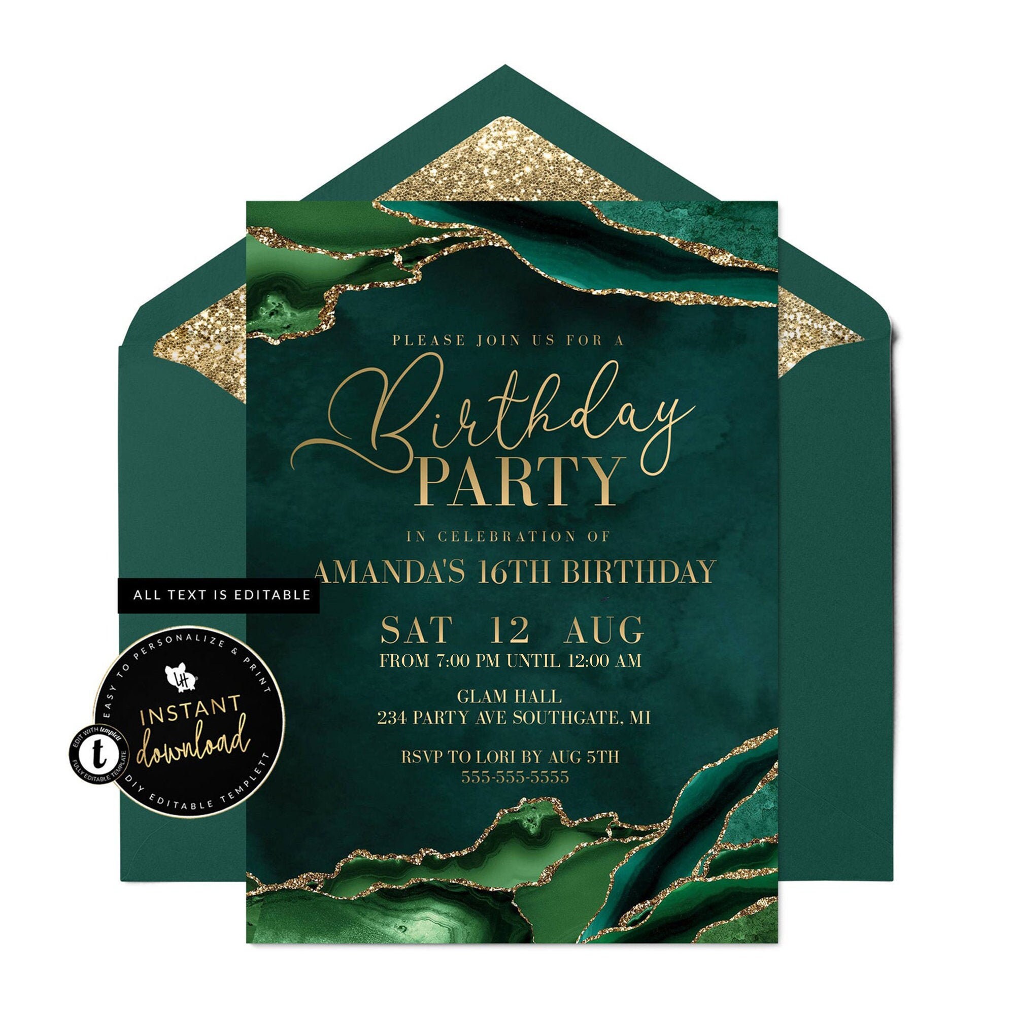 Wedding Invitation Set Bundle INSTANT DOWNLOAD Emerald Green Gold Geode 