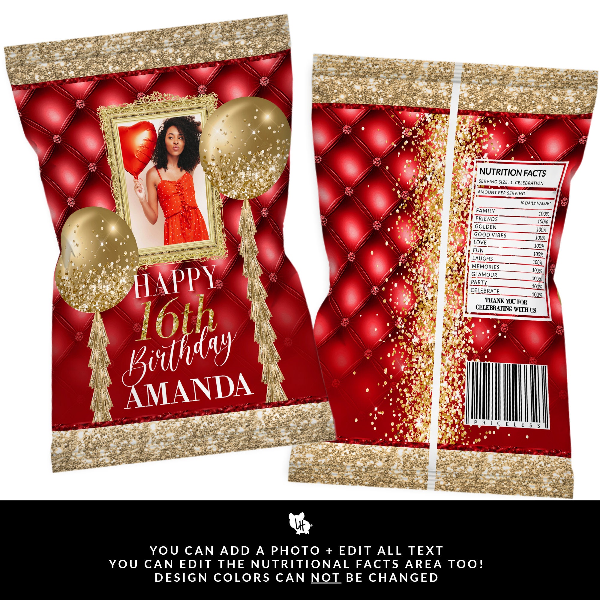 Red and Gold Chip Bag, Chip Bag With Picture, Red and Gold Birthday ...