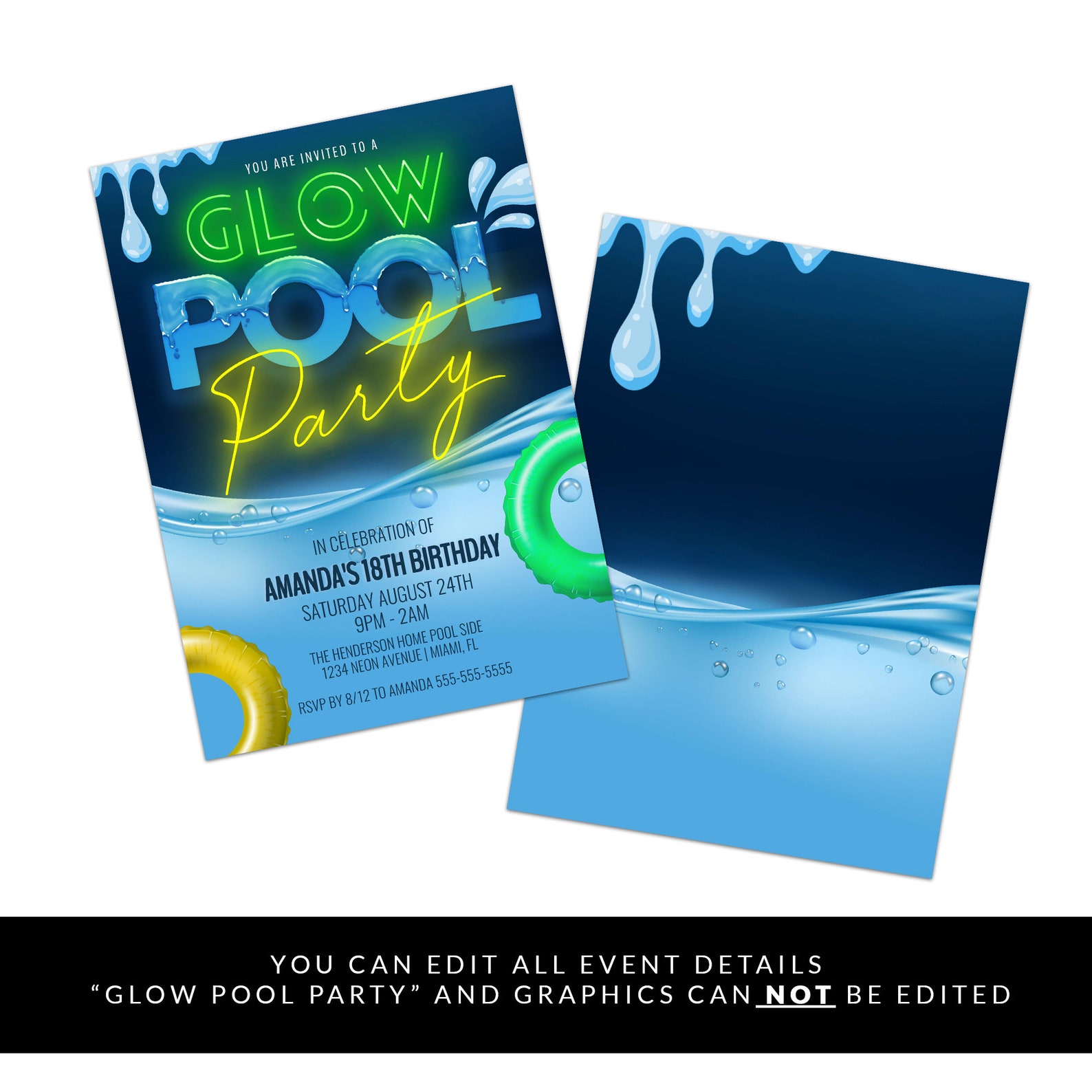 Glow Pool Party Invitation, Pool Party Invite, Night Pool Party, Glow ...