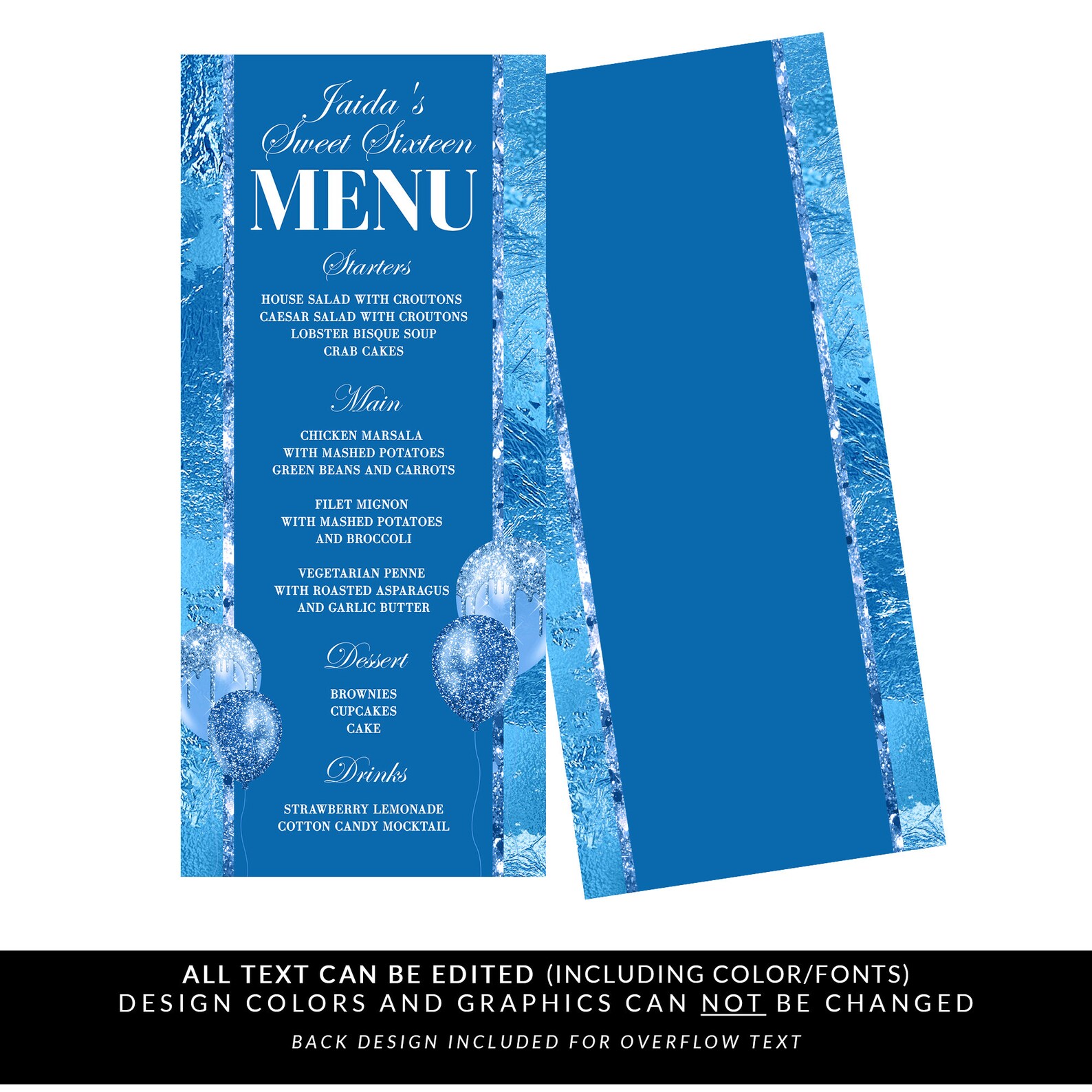 Blue Menu Card, Faux Foil Menu, Blue Birthday, Birthday Menu Card ...