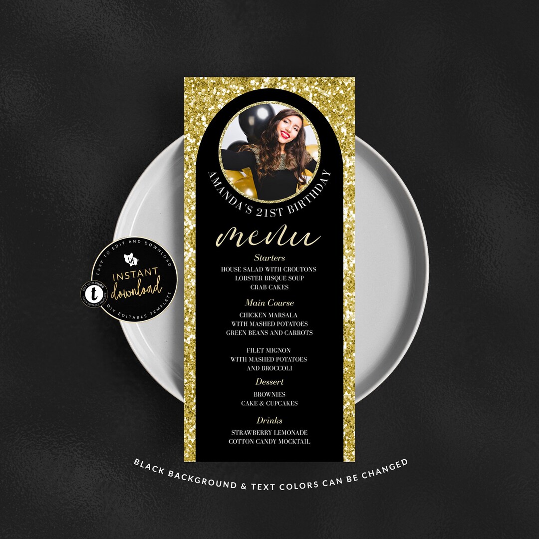 Gold Menu Card With Photo, Photo Menu Card, Printable Menu, Gold Menu ...