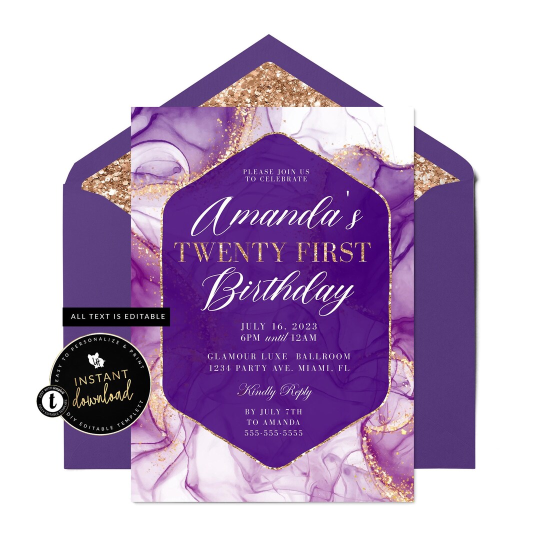 Purple and Rose Gold Invitation, Purple Birthday Invitation, Purple ...