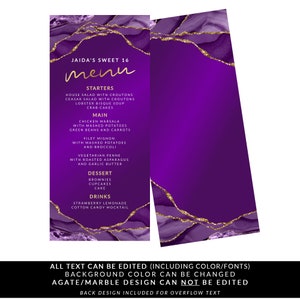 Purple and Gold Menu Card, Purple and Gold Agate Menu, Purple Birthday ...