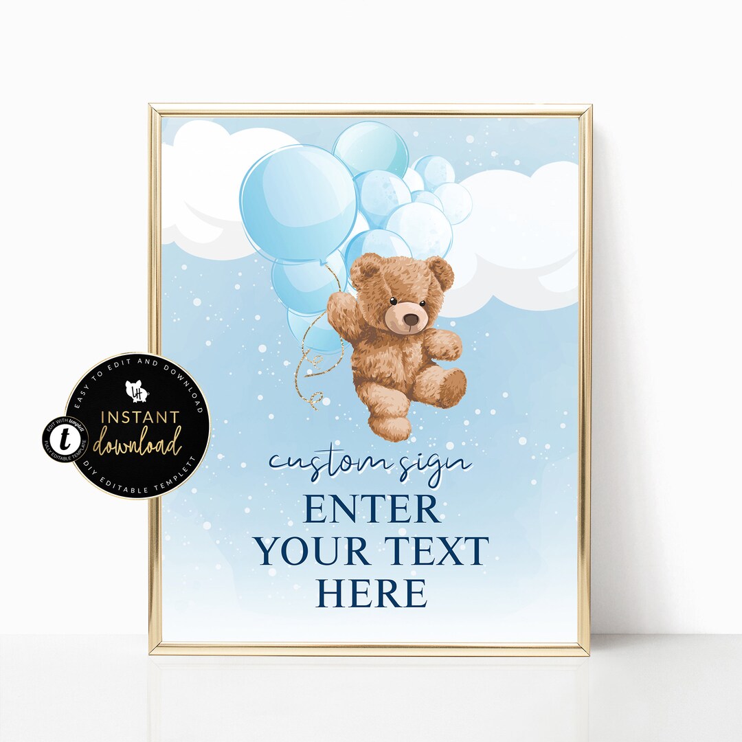 Blue Teddy Bear Sign, Baby Shower Teddy Bear Sign, Teddy Bear Sign ...
