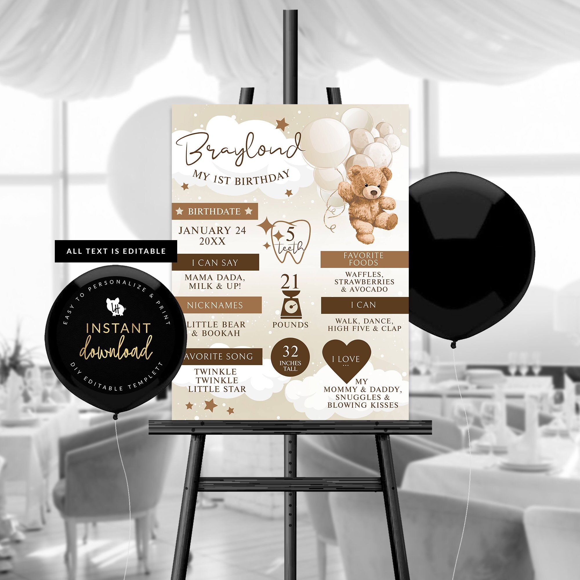 Teddy Bear Birthday Stat Sign Teddy Bear Milestone Poster - Etsy