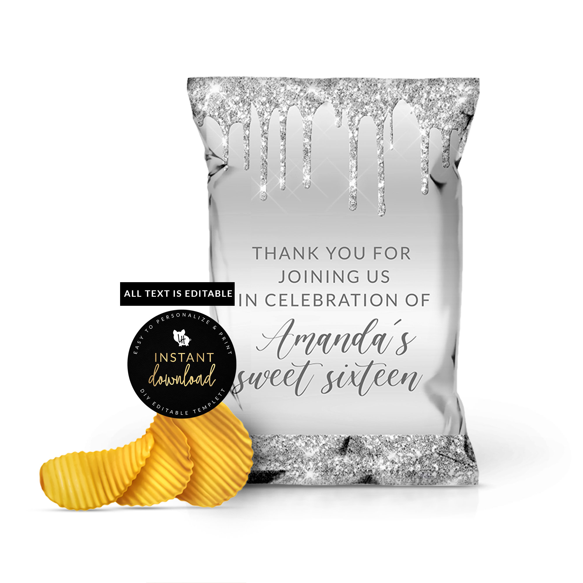 Dripping Silver Chip Bag Silver Drip Printable Chip Bag - Etsy