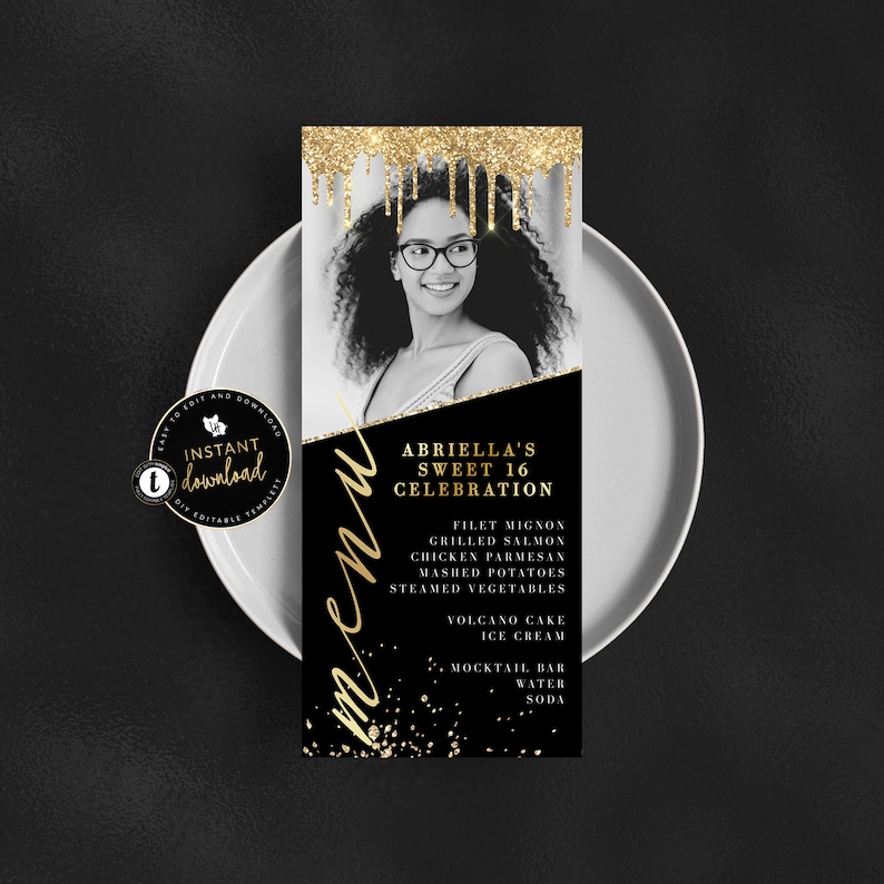 Dripping Gold Photo Menu Card, Glitter Drip Menu, Gold Birthday, Gold ...