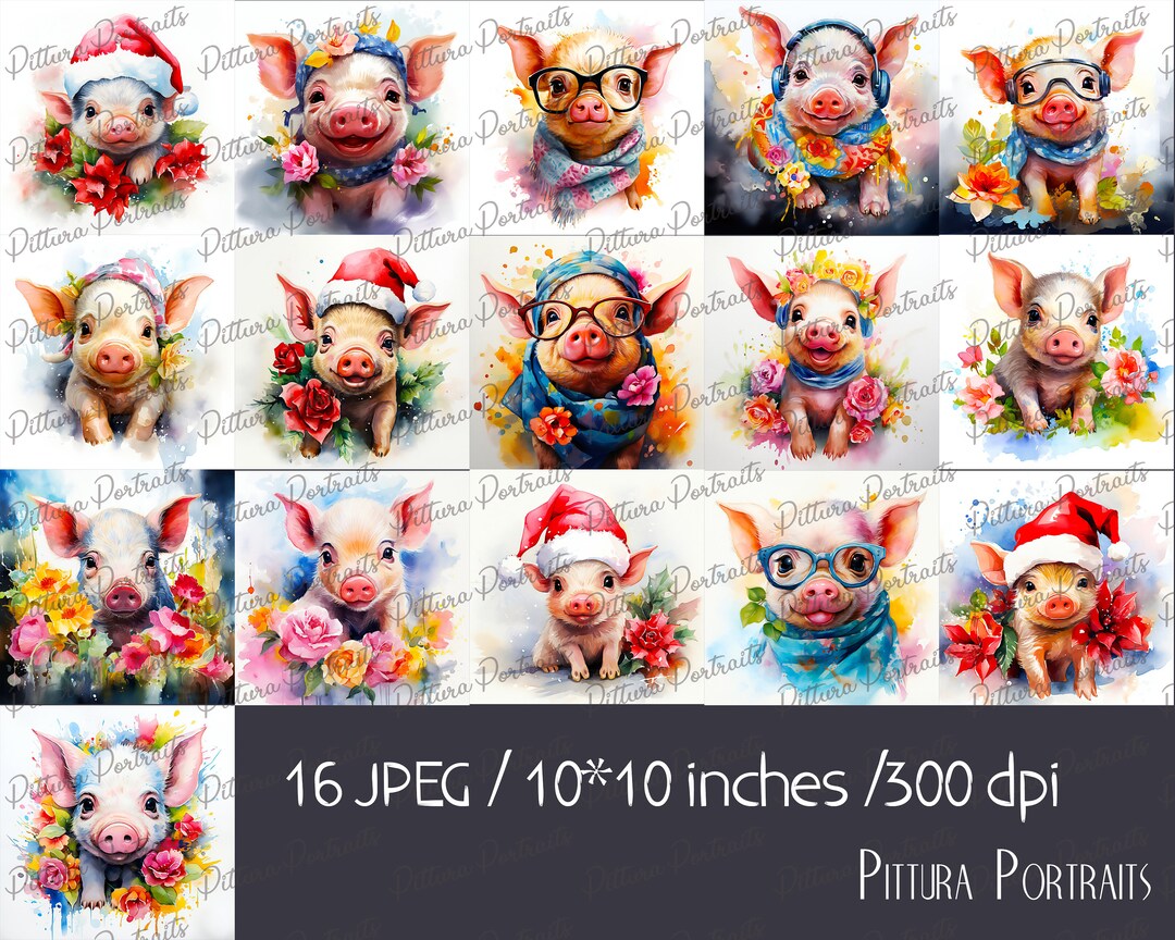 Watercolor Baby Pig Clipart -16 High Quality Jpgs -pigs ,cute Pigs ,pig ...