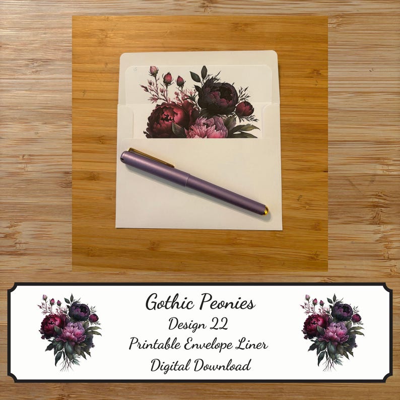 Gothic Peonies Printable Birthday Card and Envelope Liner in 3 Sizes ...