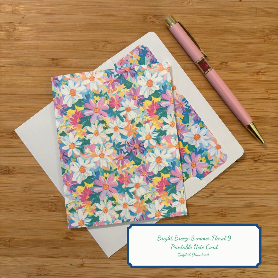 Bright Breeze Summer Floral Printable Note Cards With Lined Envelopes ...