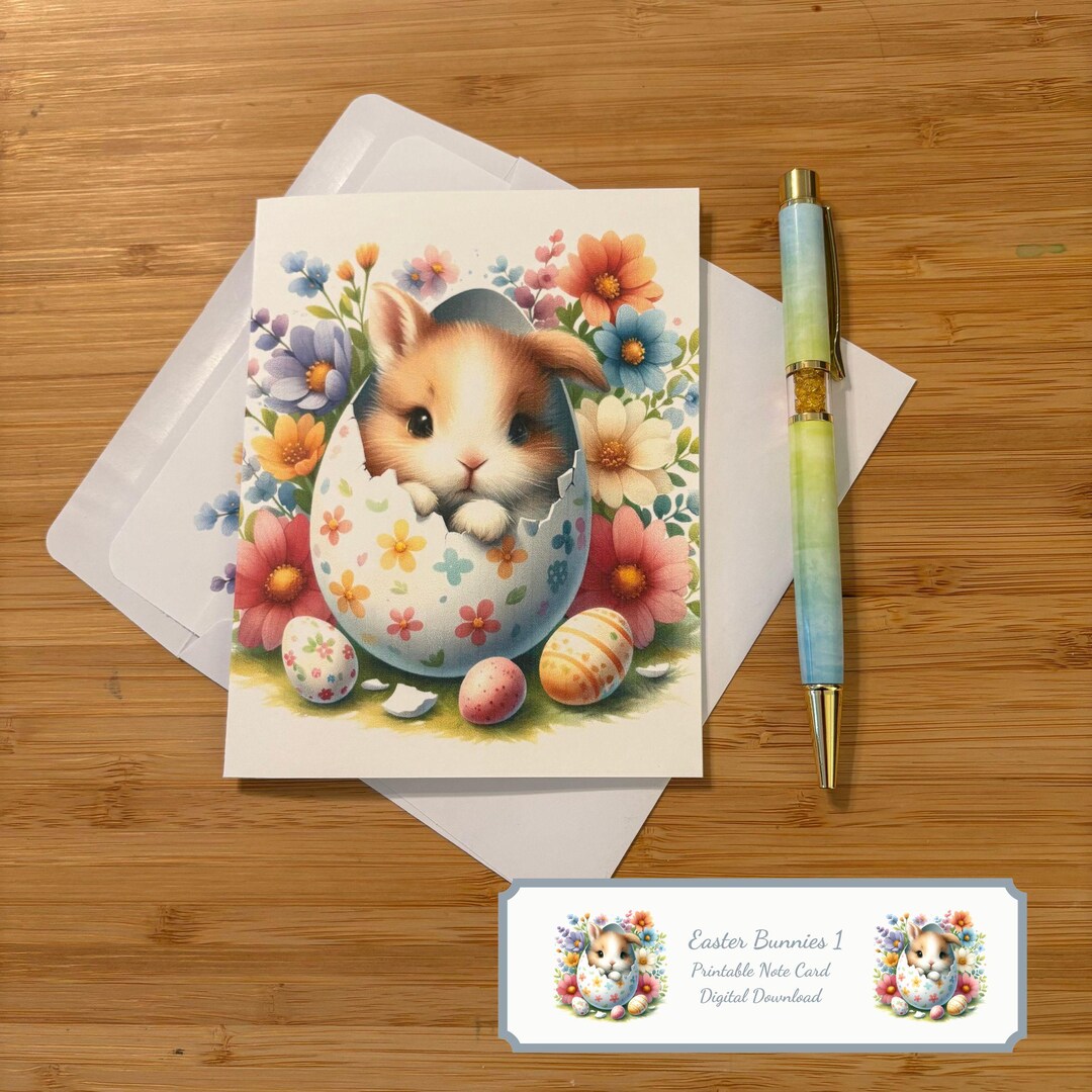 Easter Bunnies Printable Note Cards With Lined Envelopes Card Birthday ...