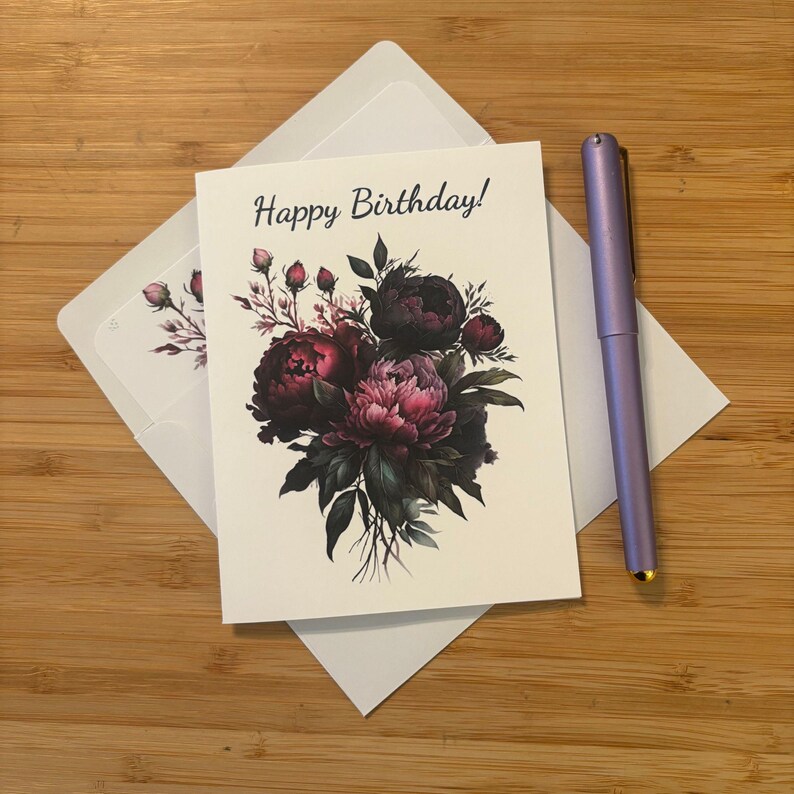 Gothic Peonies Printable Birthday Card and Envelope Liner in 3 Sizes ...