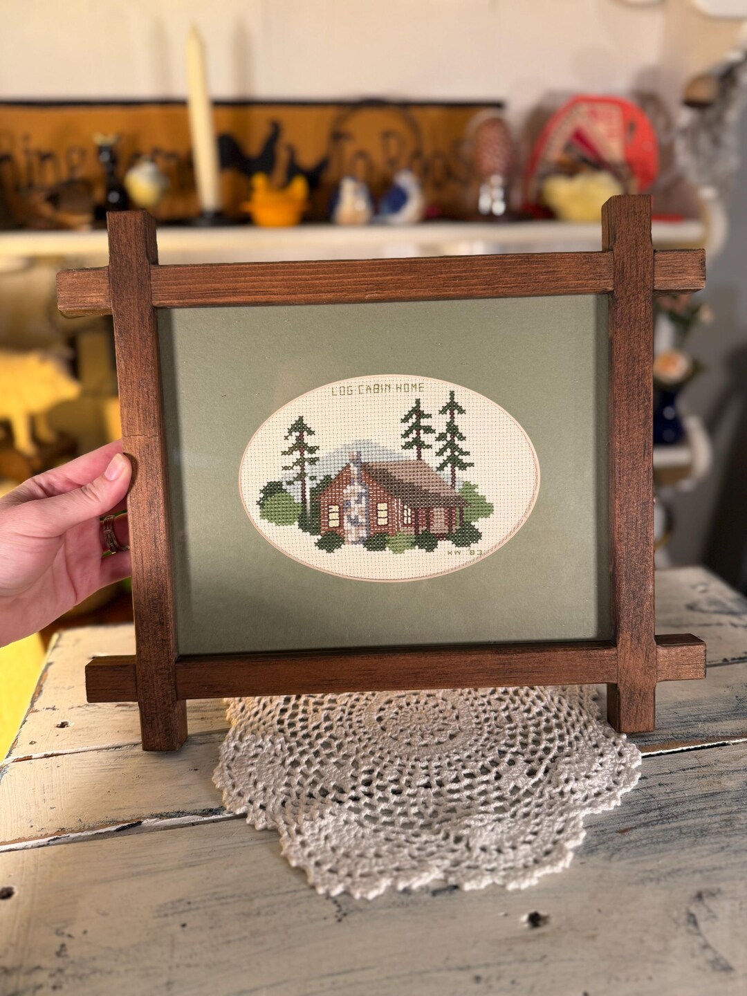 Vintage 1988 Log Cabin Cross Stitch – Rustic Wood Framed Needlepoint ...