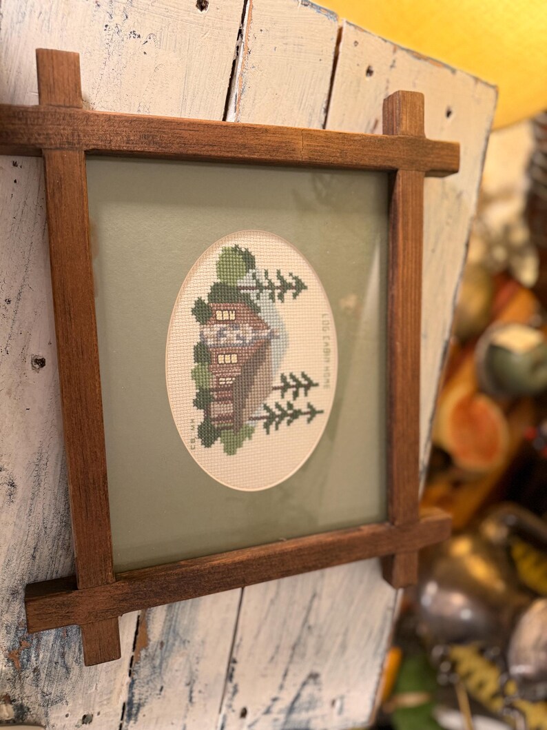 Vintage 1988 Log Cabin Cross Stitch – Rustic Wood Framed Needlepoint ...