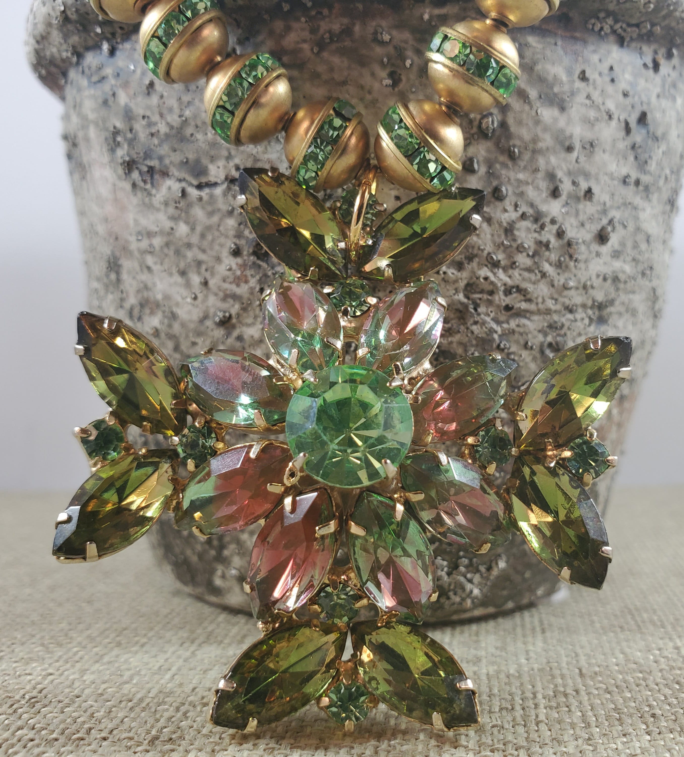 Repurposed Aurora Borealis Vintage Peridot Green and Watermelon Crystal ...