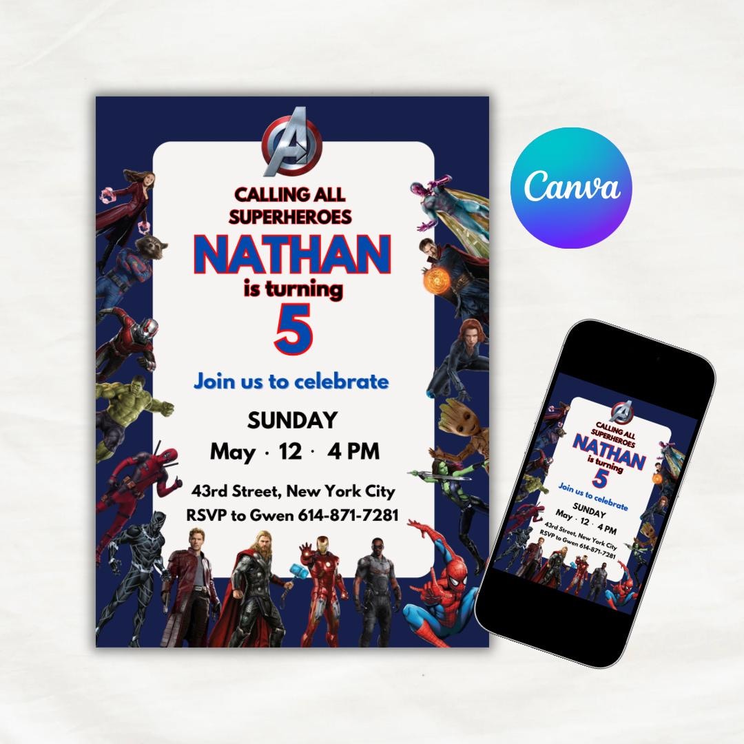 Avengers Birthday Invitation: Superhero Party, Canva Template (digital ...
