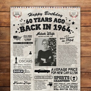 1964 Photo Poster, Personalized 60th Birthday Poster, Back in 1964 Sign ...