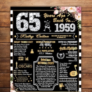 Personalized 65th Birthday Poster, 1959 Fun Facts Poster, Birthday ...