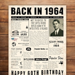 1964 Sign Board, Personalized 60th Birthday Poster, Back in 1964 Poster ...