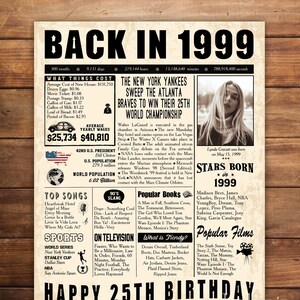 1999 Birthday Poster, 25th Birthday Poster, 1999 Fun Facts Board, 25th ...
