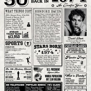 50th Birthday Photo Poster, Back in 1974 Poster, 1974 Fun Facts, 50th ...