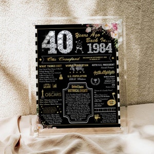 Personalized 40th Birthday Poster, 40th Chalkboard Sign, 1984 Fun Facts ...