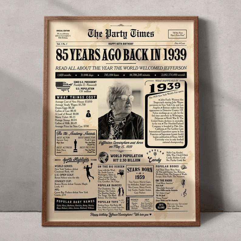 Personalized 85th Birthday Poster, 1939 Fun Facts Poster, 85th Birthday Gift Idea, Party ...